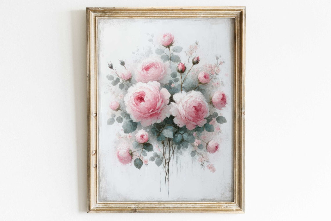 Pink Rose Print, Rose Print, Floral Farmhouse Art, Rustic Wall Decor ...