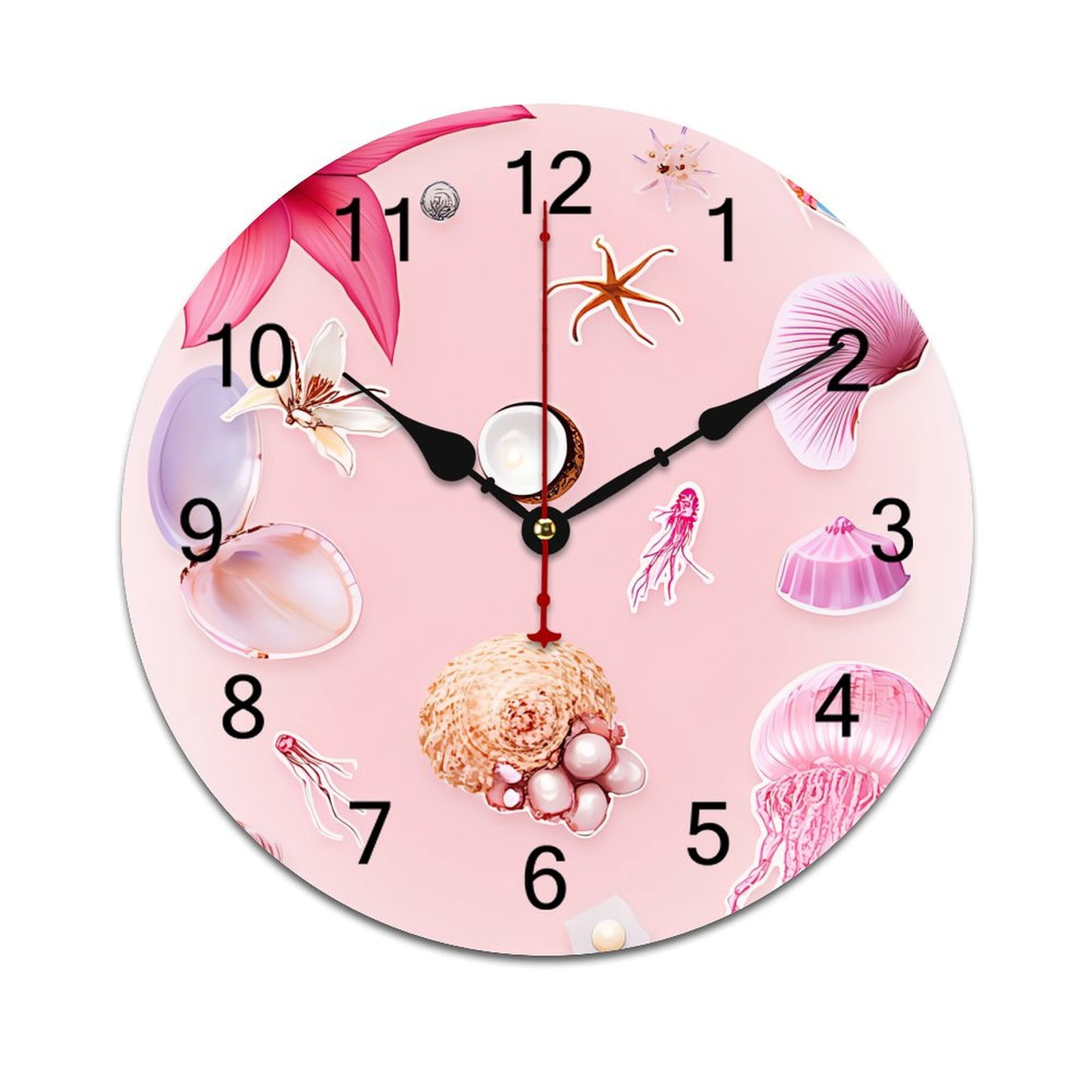 Pink Rose Printed Silent Wall Clock Round Kitchen Clock Chic Quiet Desk ...