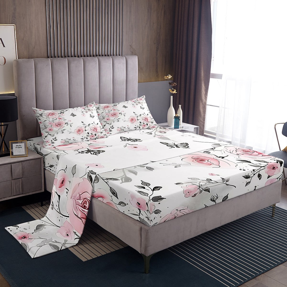 Pink Rose Queen Bed Sheets Set Women Lady,Romantic Rose Butterfly Sheet ...