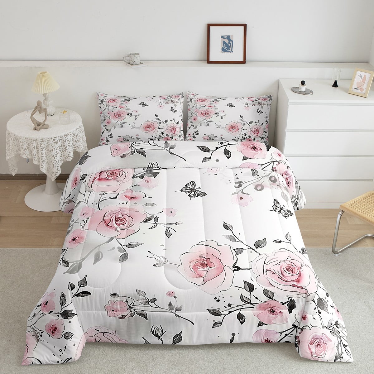 Pink Rose Queen Comforter Set for Girls Women Lady,Romantic Rose ...