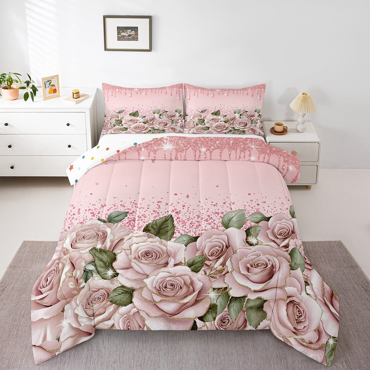 Pink Rose Queen Comforter Set Diamond Crystal Fluid Art Bedding Sets ...