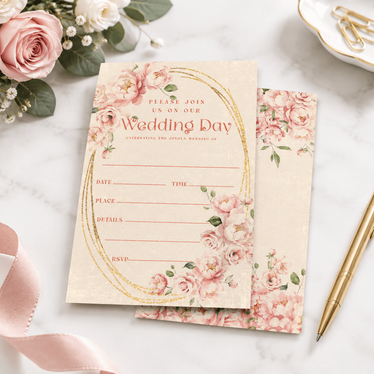 Pink Rose Romantic Wedding Invitation Stationery Set with Envelopes ...