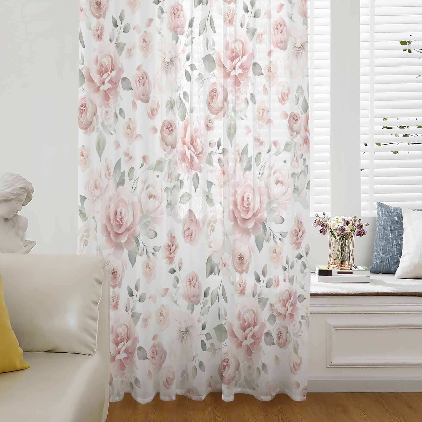 Pink Rose Semi Sheer Curtains Drapes for Living Room,Bedroom,French ...