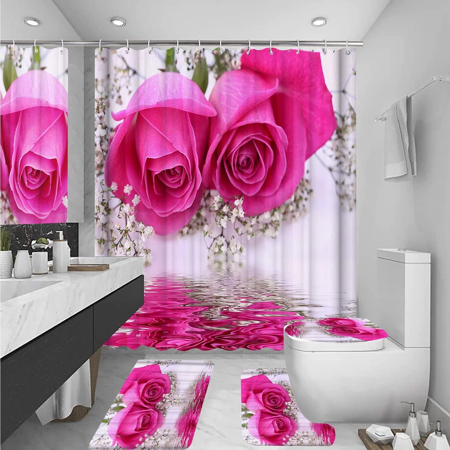 Pink Rose Shower Curtain Set With Rug Toilet Lid Cover Bath Mat 4pcs