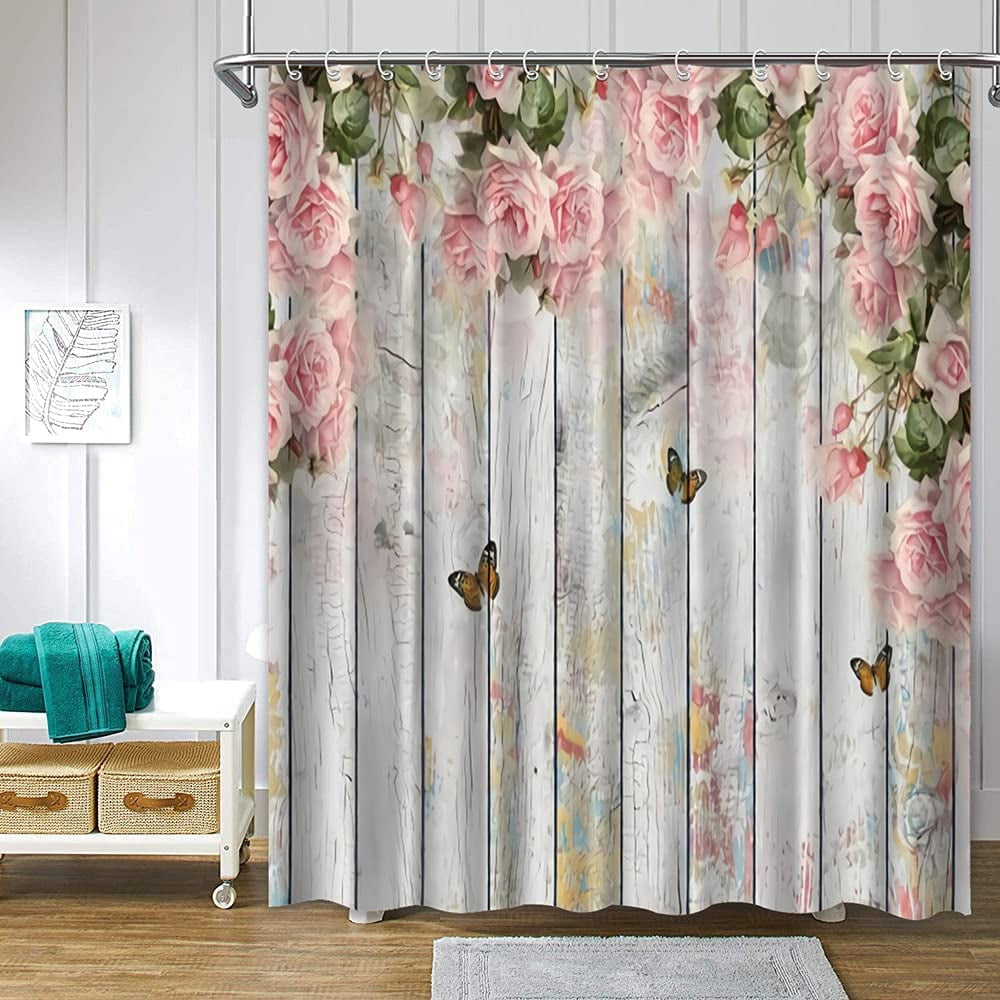 Pink Rose Shower Curtain for Bathroom Illusion Floral Butterfly Bath ...