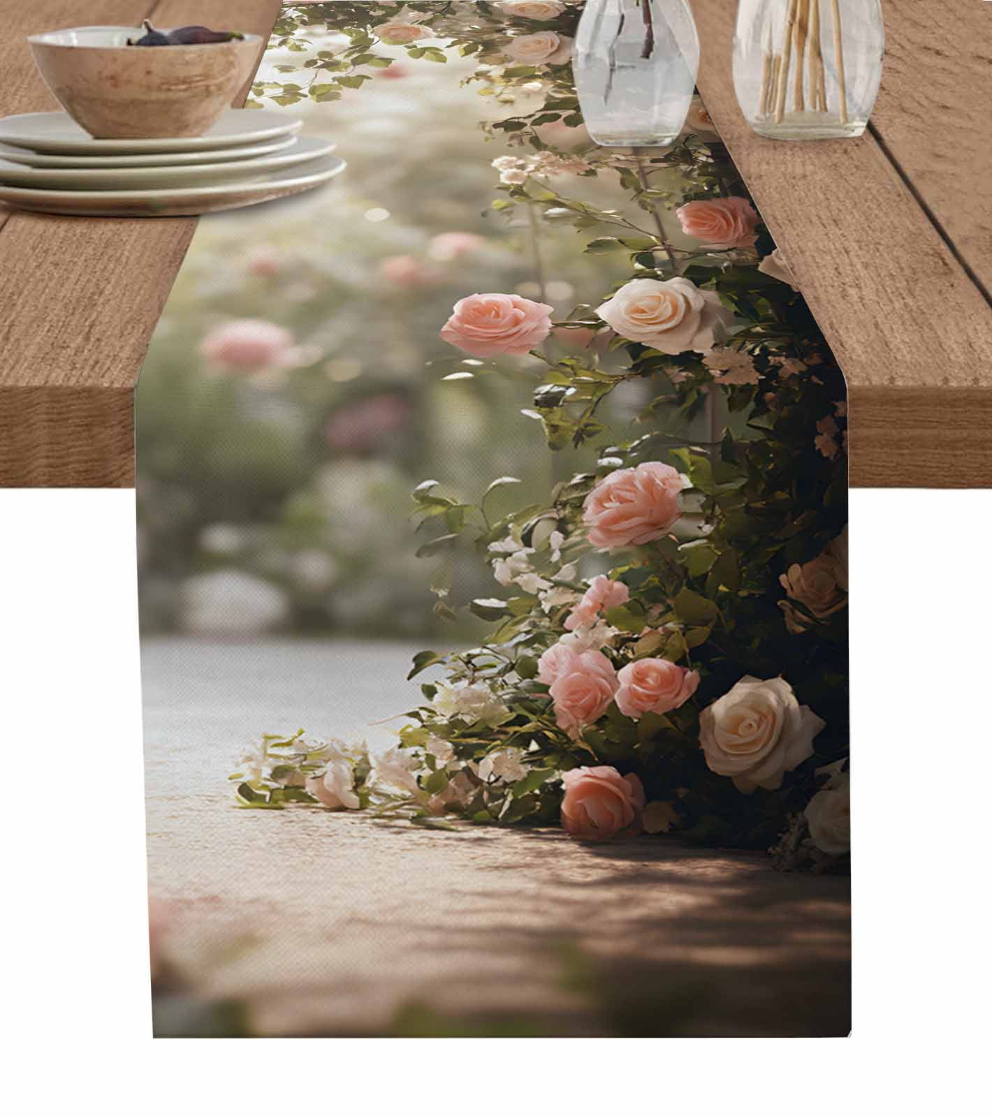 Pink Rose Spring Floral Burlap Cotton Table Runner 14x72 Inches Long ...