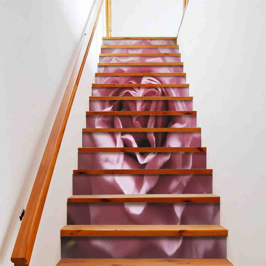 Pink Rose Stair Stickers Green Leaves Flowers Staircase Murals Mother's ...
