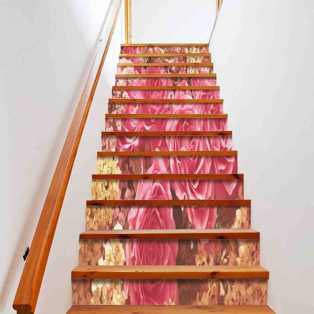 Pink Rose Stair Stickers Green Leaves Flowers Staircase Murals Mother's ...