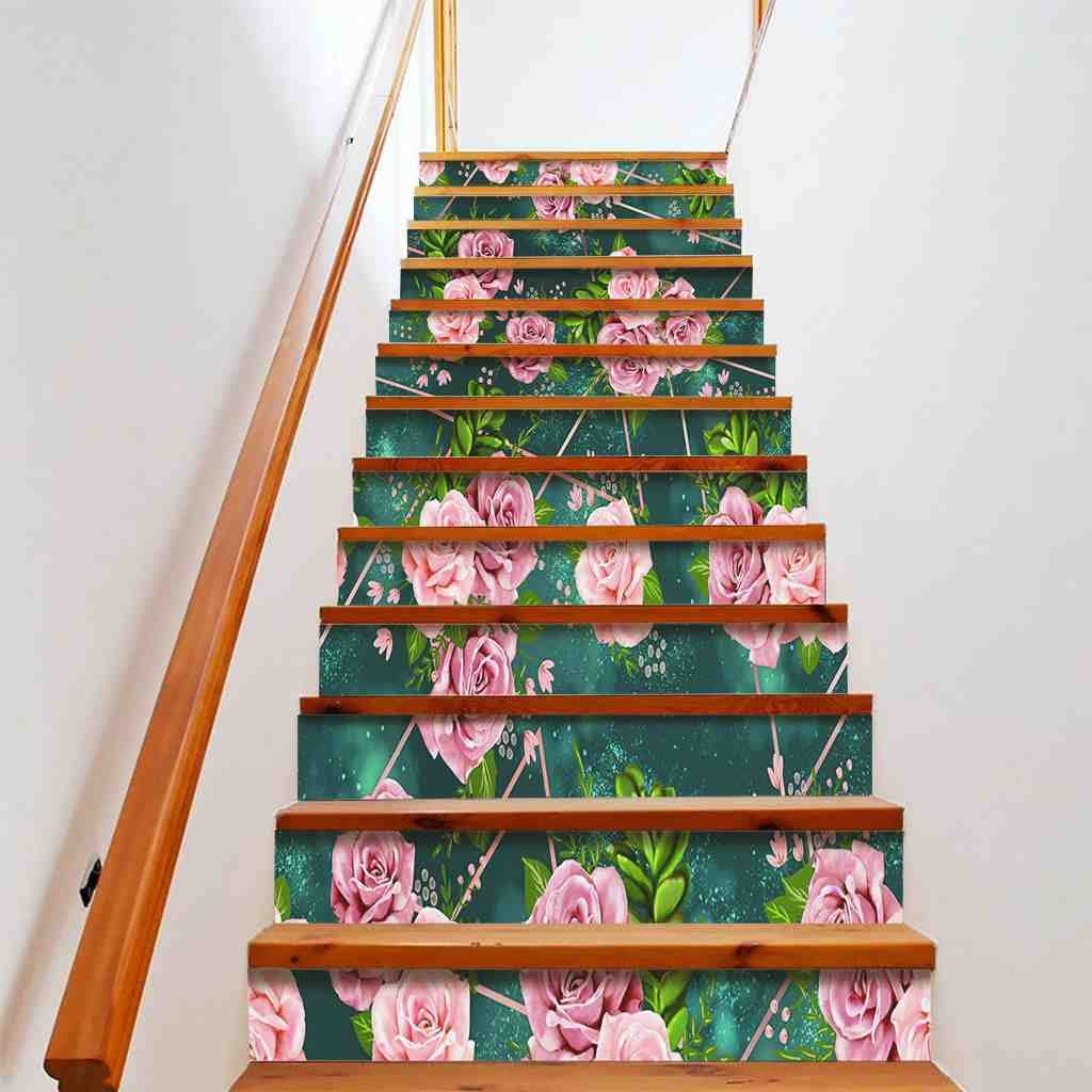Pink Rose Stair Stickers Green Leaves Flowers Staircase Murals Mother's ...