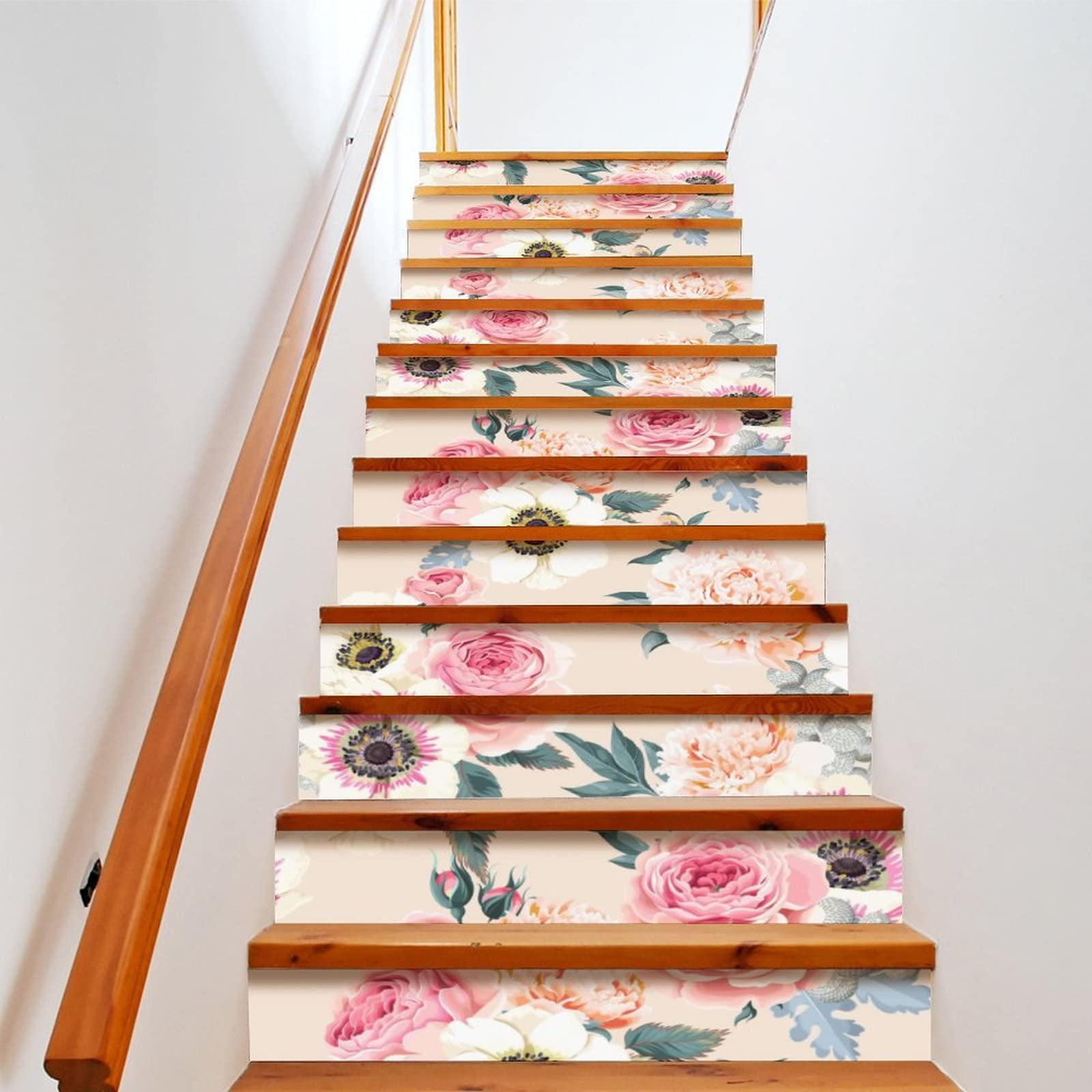 Pink Rose Stair Stickers Green Leaves Flowers Staircase Murals Mother's ...