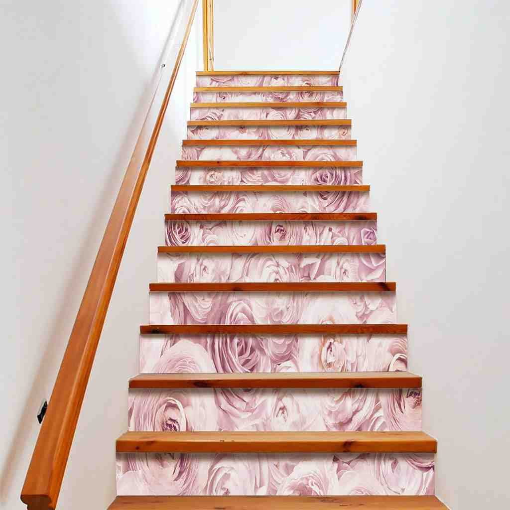 Pink Rose Stair Stickers Green Leaves Flowers Staircase Murals Mother's ...