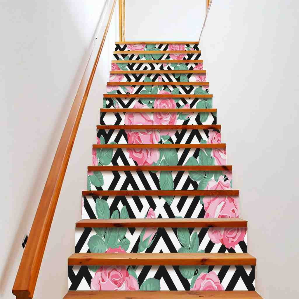 Pink Rose Stair Stickers Green Leaves Flowers Staircase Murals Mother's ...