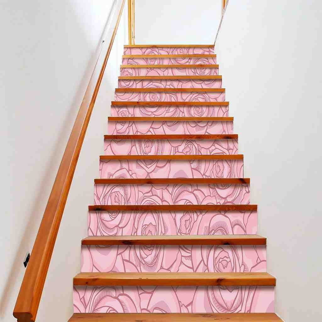 Pink Rose Stair Stickers Green Leaves Flowers Staircase Murals Mother's ...