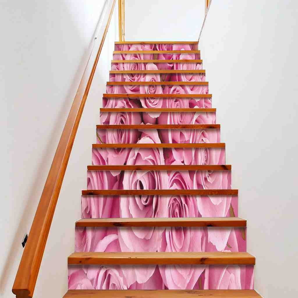 Pink Rose Stair Stickers Green Leaves Flowers Staircase Murals Mother's ...