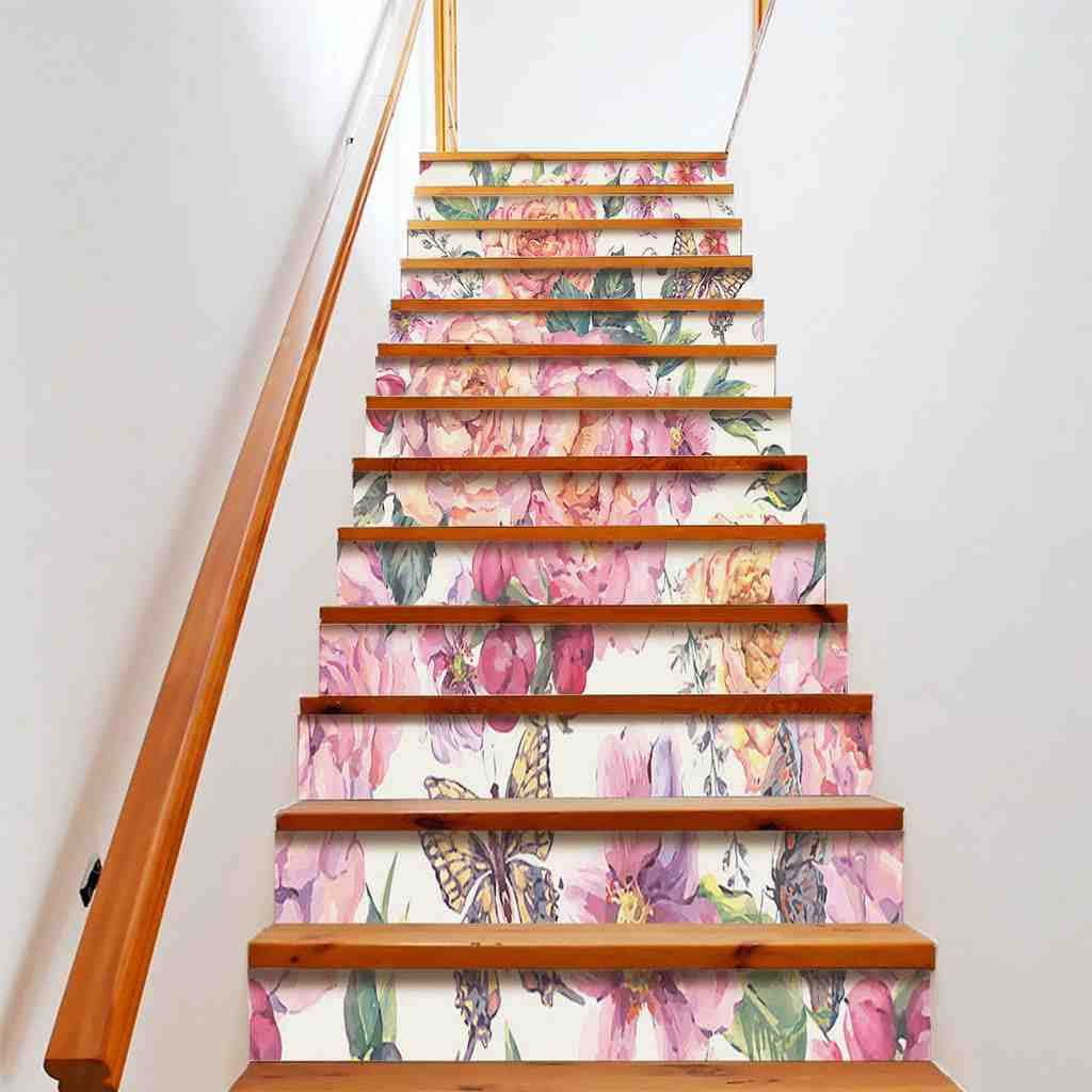 Pink Rose Stair Stickers Green Leaves Flowers Staircase Murals Mother's ...