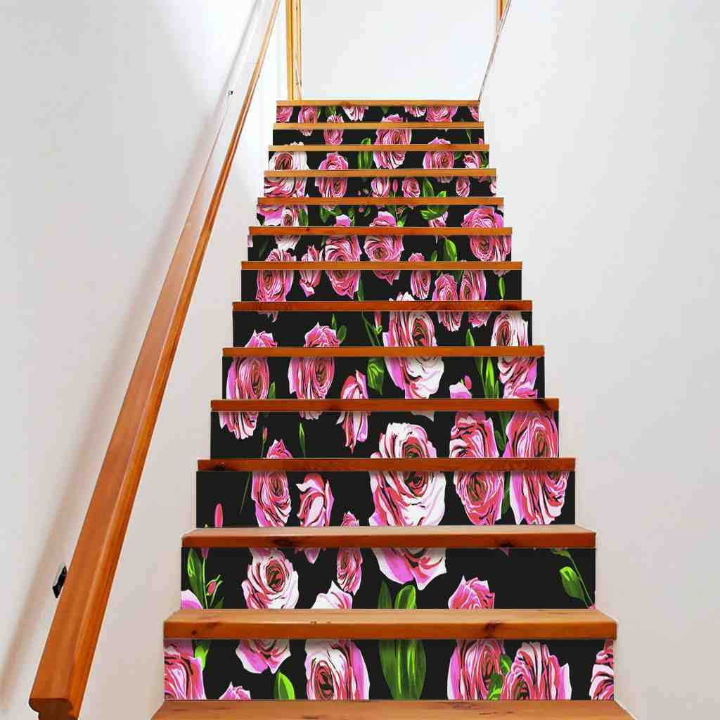 Pink Rose Stair Stickers Green Leaves Flowers Staircase Murals Mother's ...