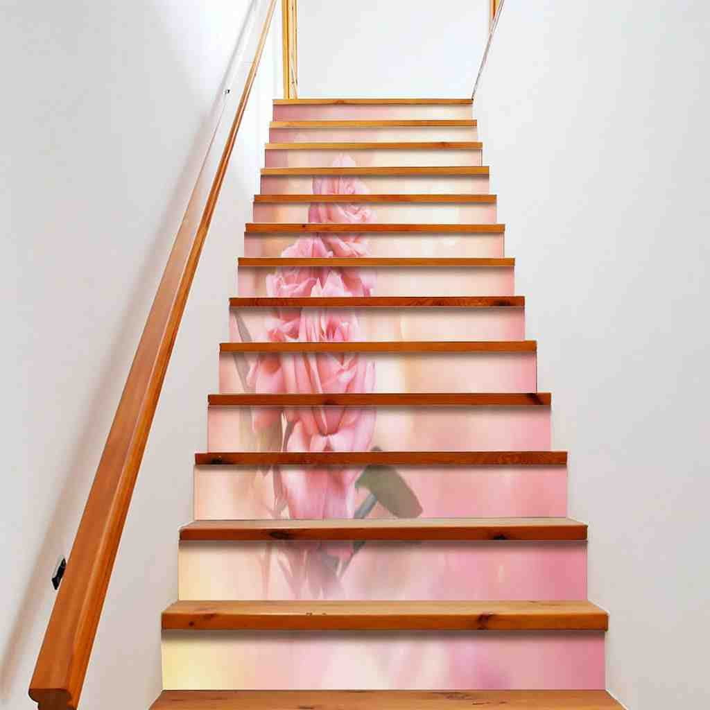 Pink Rose Stair Stickers Green Leaves Flowers Staircase Murals Mother's ...