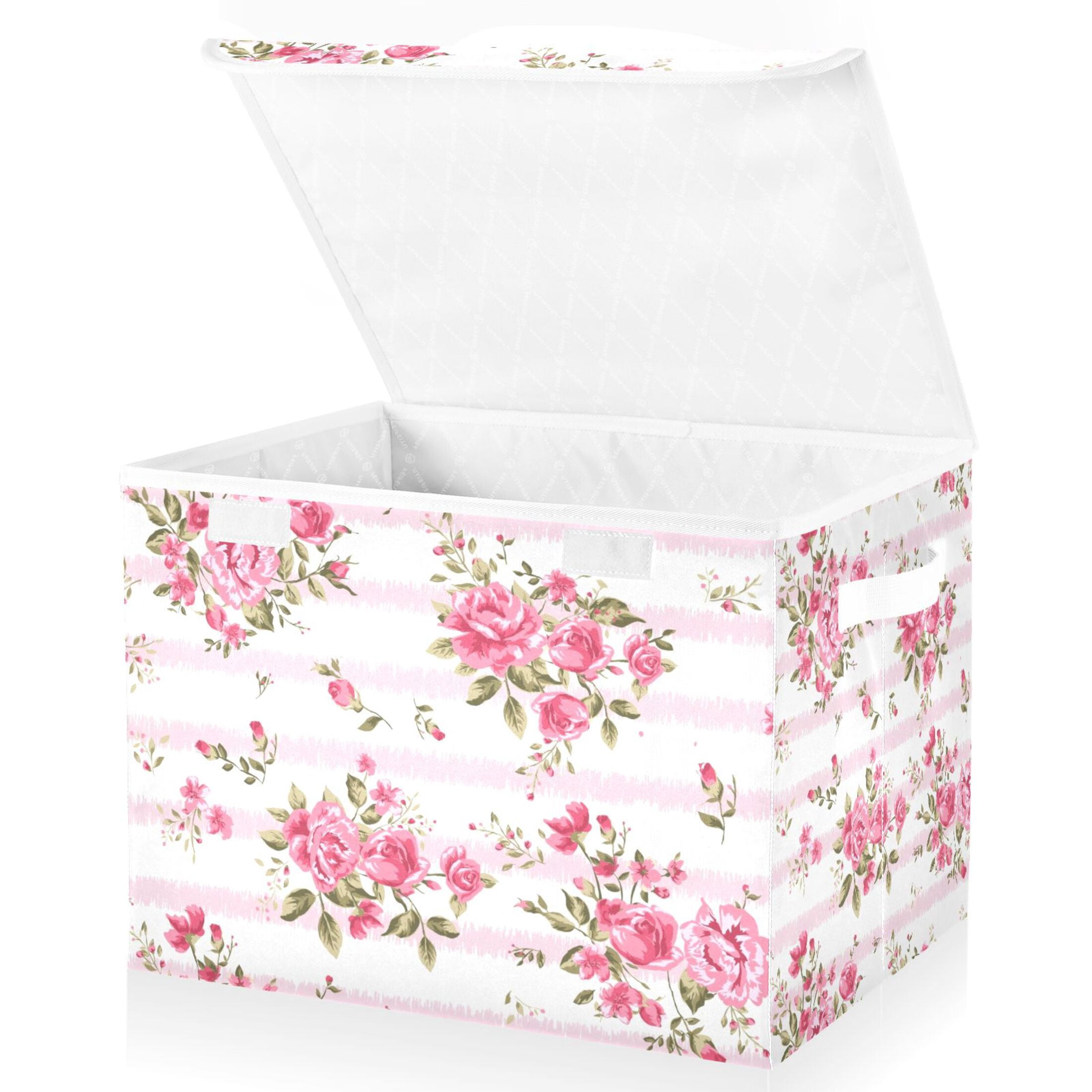 Pink Rose Stripe Large Lidded Storage Bin Foldable Storage Boxes Cubes ...