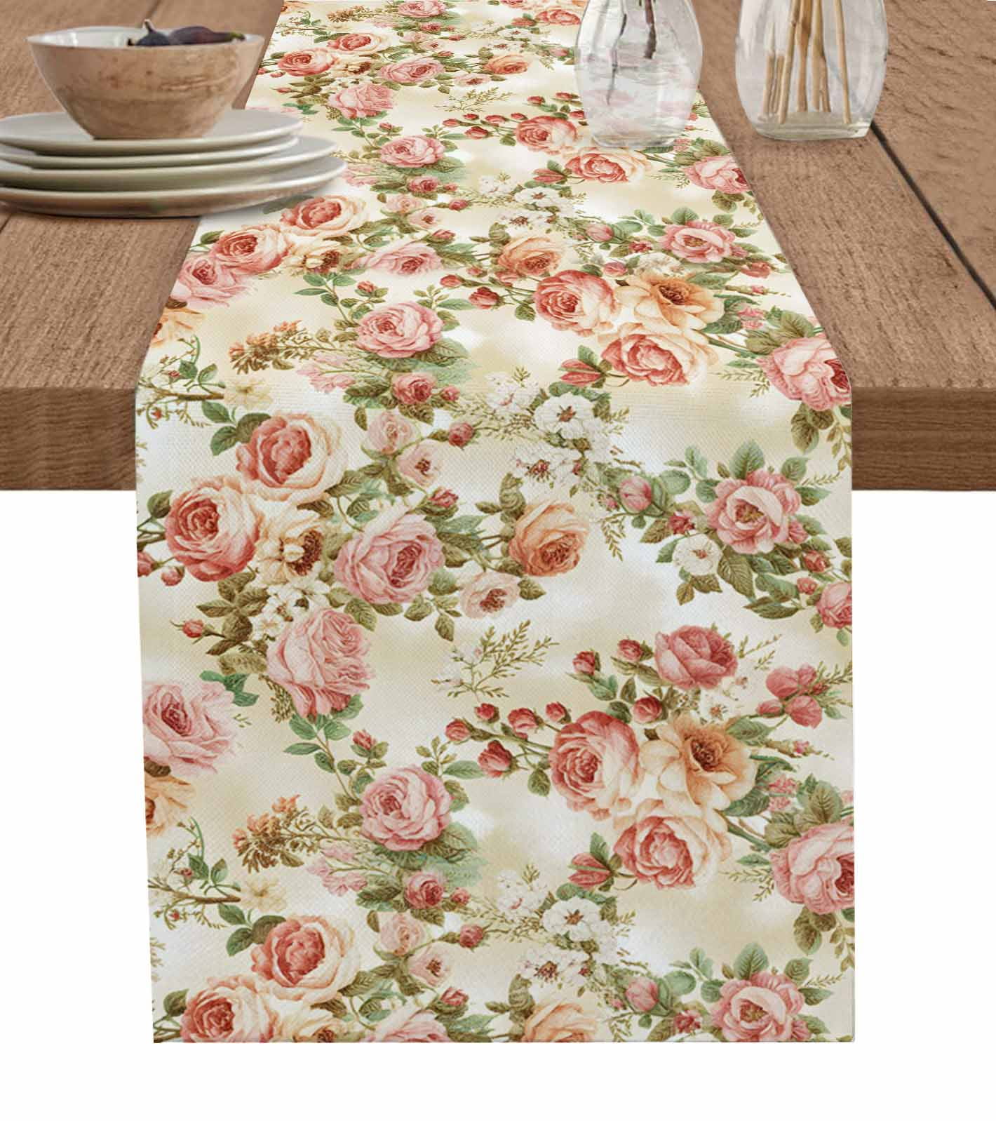Pink Rose Table Runner 72 Inches, Vintage Pastoral Farmhouse Flowers ...
