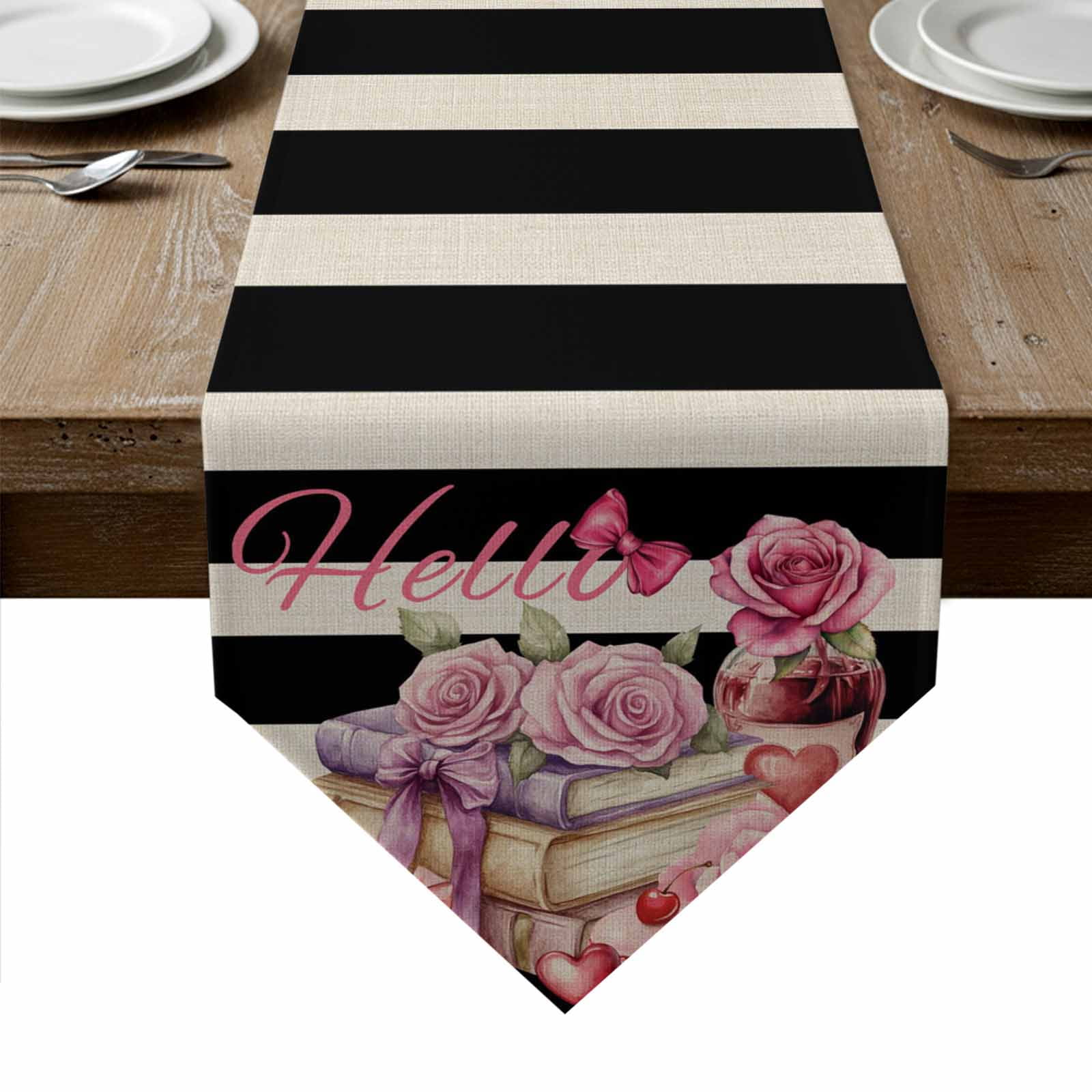 Pink Rose Table Runner Linen Burlap Table Runner 60 Inches Long Books ...