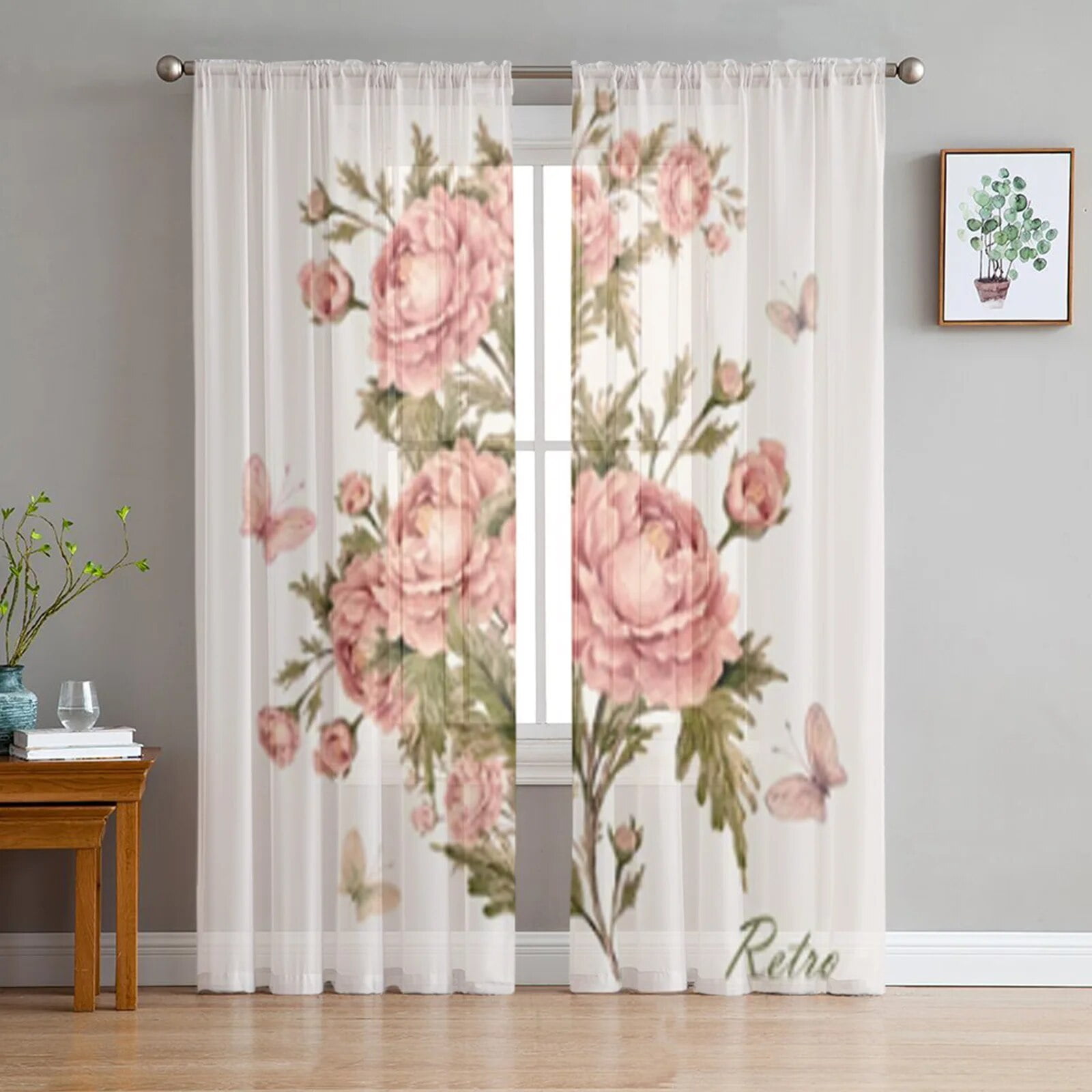 Pink Rose Vintage Tulle Window Curtain for Living Room Modern Sheer ...