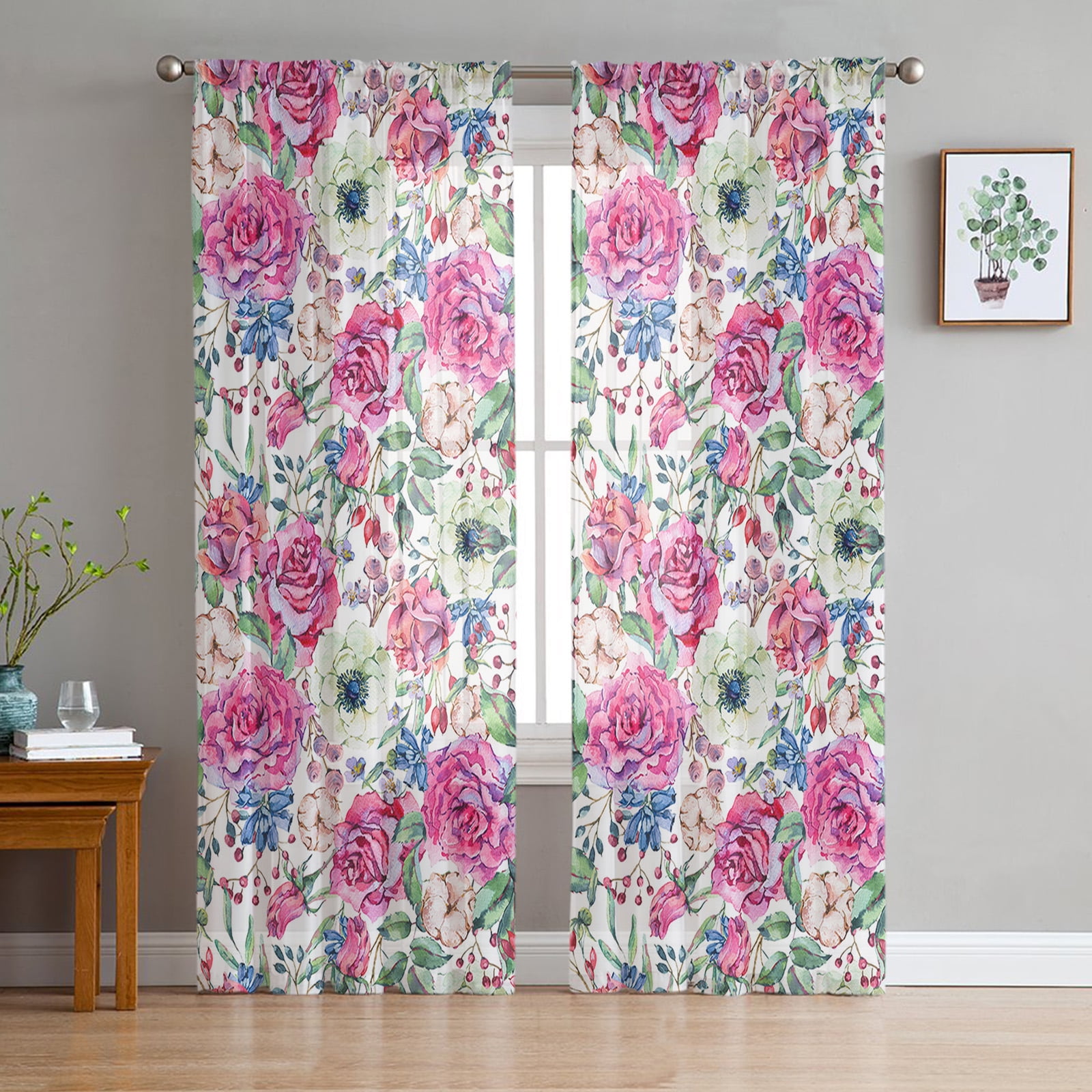 Pink Rose Vintage Tulle Window Curtain for Living Room Modern Sheer ...