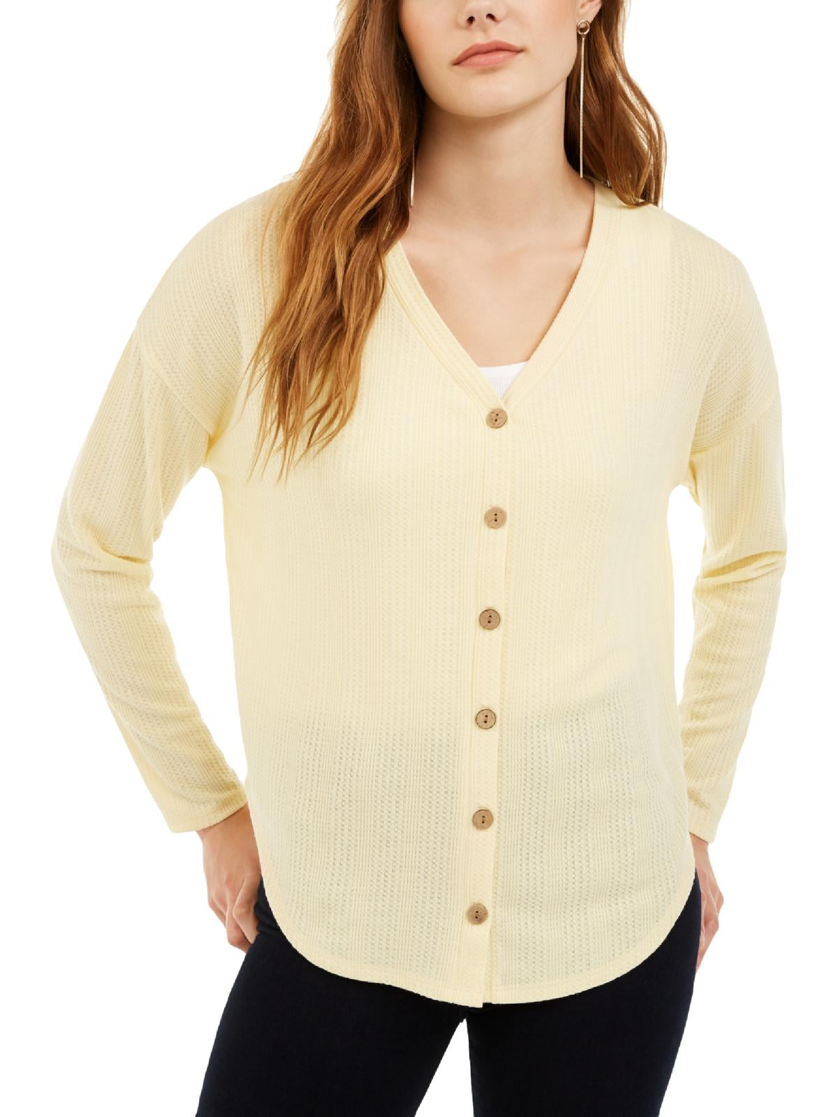 Pink Rose Womens Waffle Knit Button Front Cardigan Top Yellow M ...