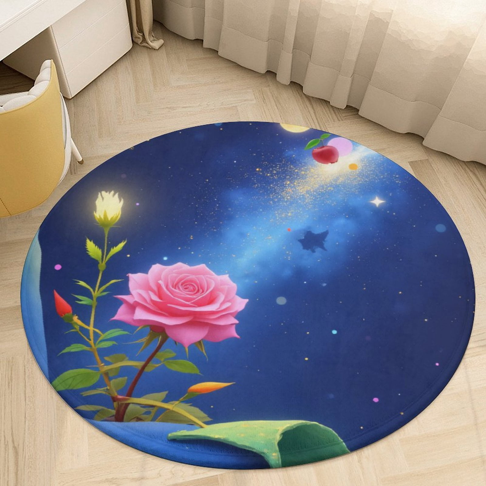 Pink Rose in Starry Night Round Area Rugs for Bedroom Living Room, 6FT ...
