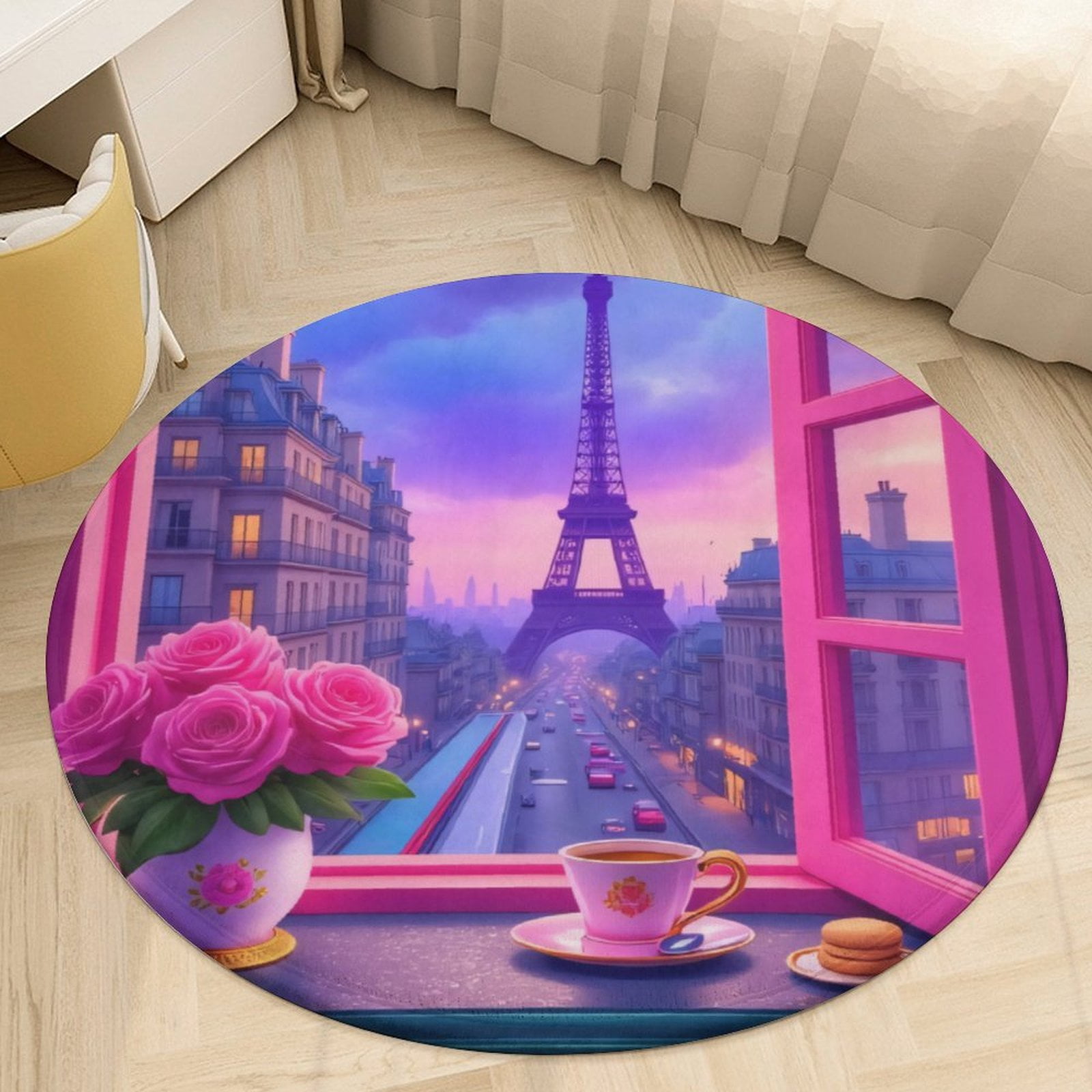 Pink Roses And Eiffel Tower View Round Area Rugs for Bedroom Living ...
