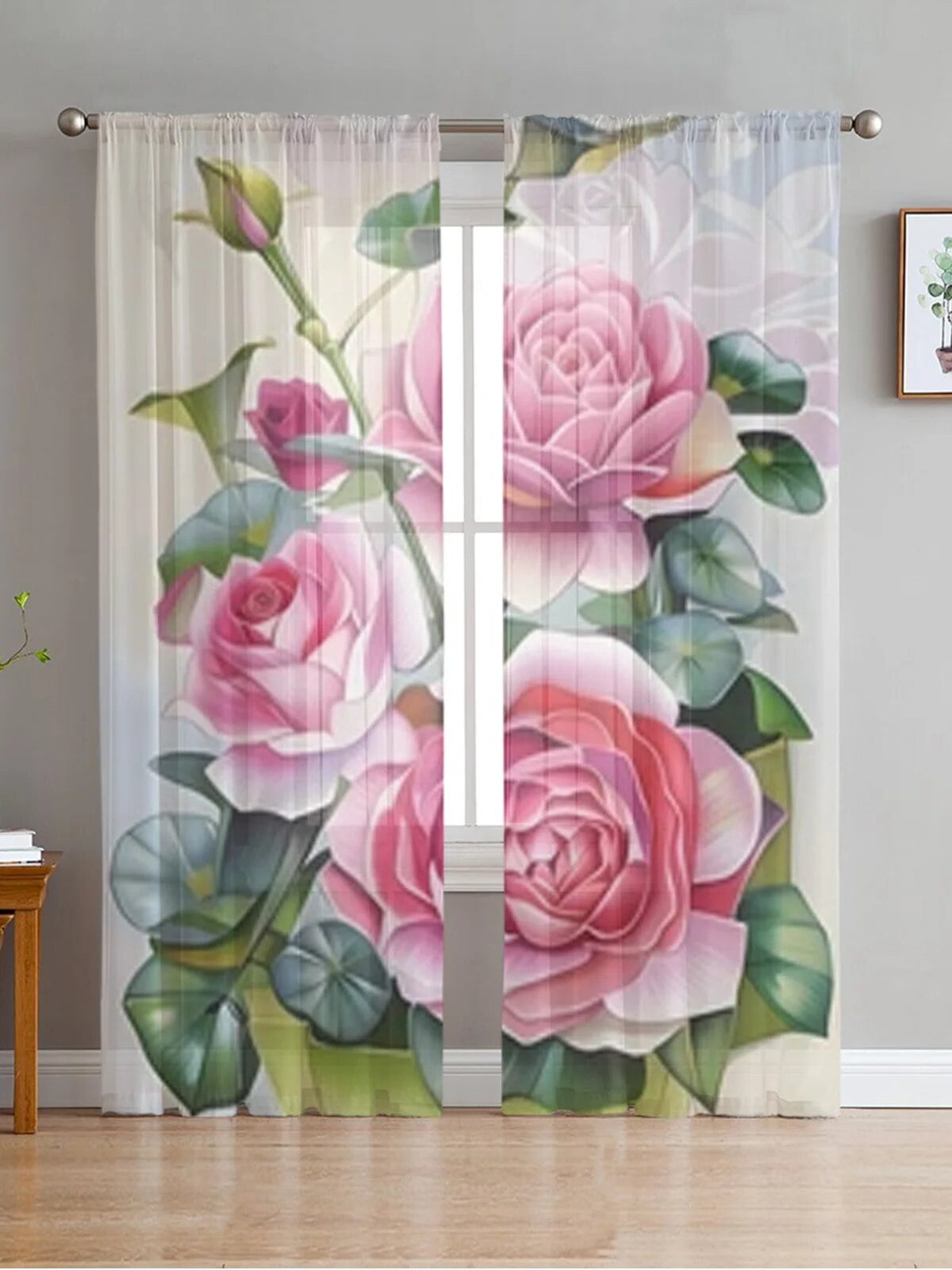 Pink Roses And Green Leaves Chiffon Sheer Curtains For Living Room ...