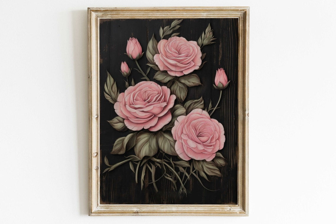 Pink Roses Art, Vintage Rose Print, Flower Wall Art, Rustic Floral Home ...