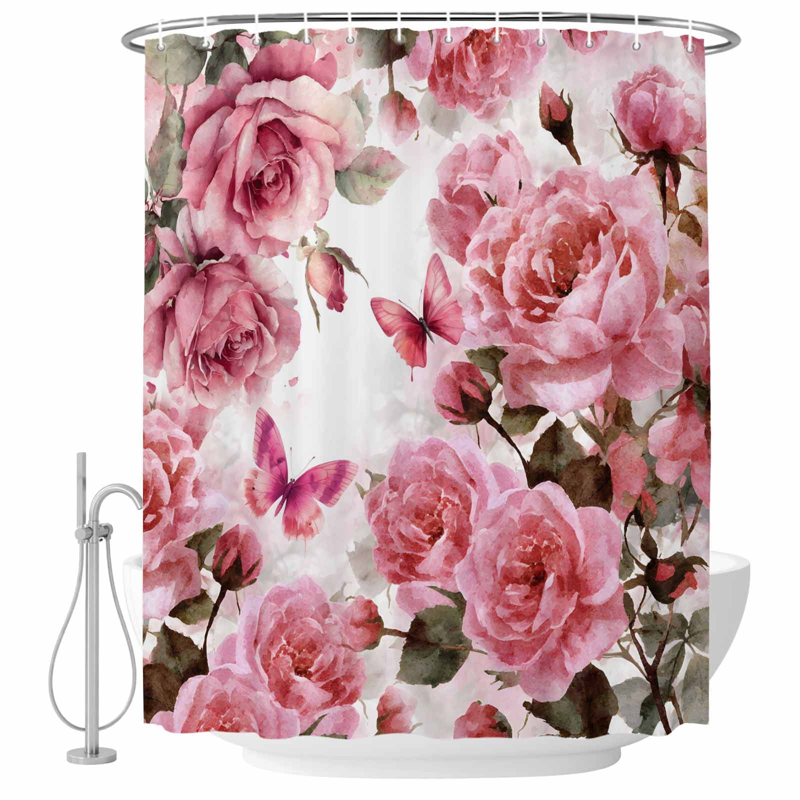 Pink Roses Bathroom Shower Curtains with Hooks, Spring Watercolor ...