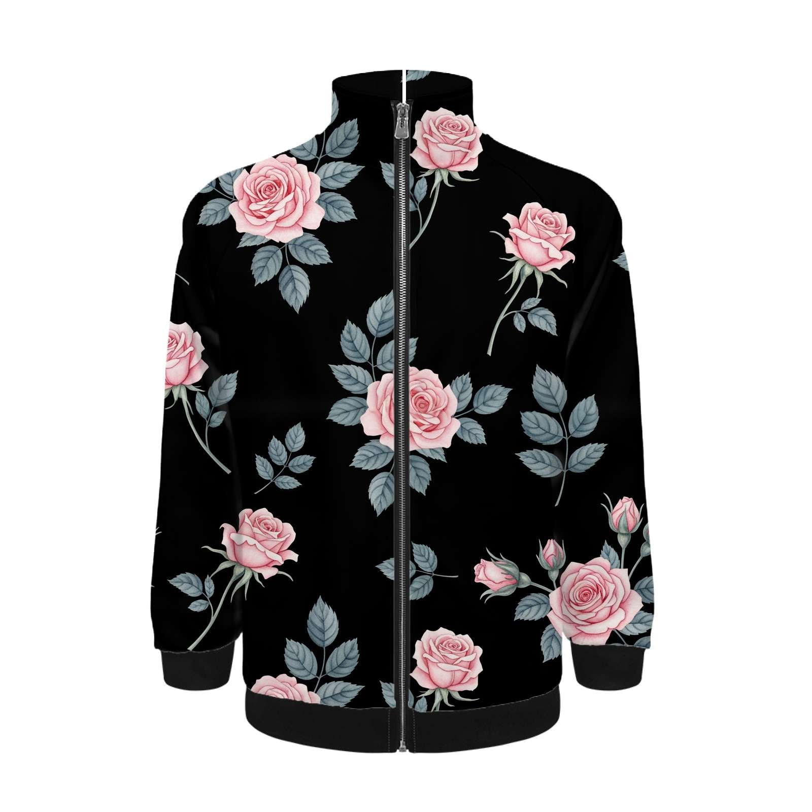 Pink Roses Black Background Jacket Men's Street Cool Long Sleeves Coat ...