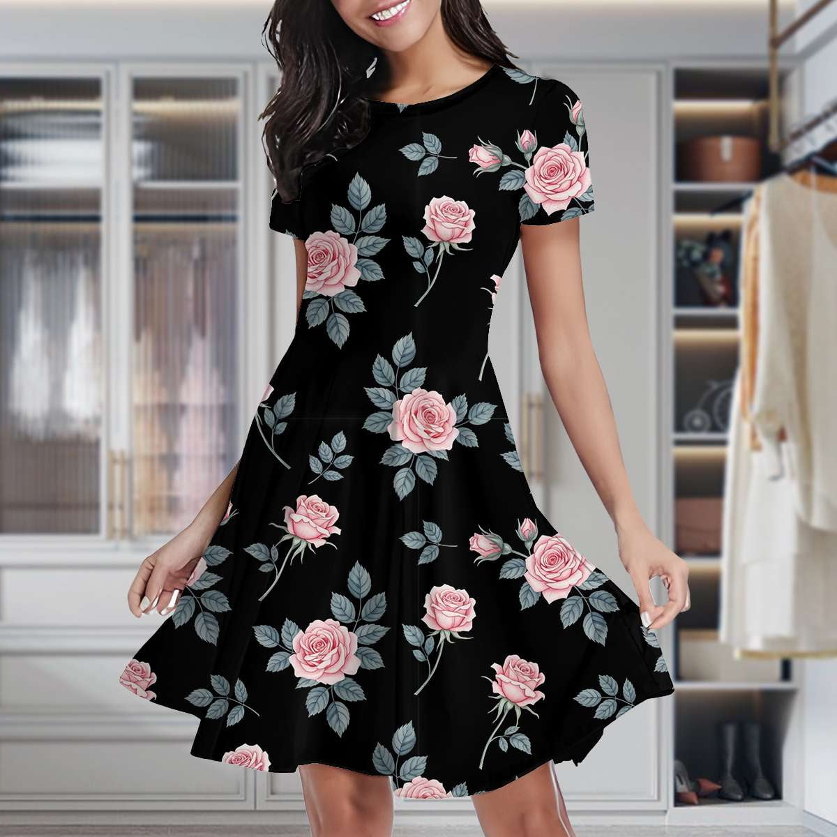 Pink Roses Black Background Women's Classic Swing Skater Dress Casual ...