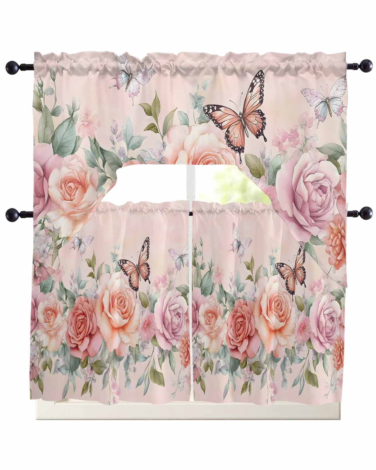 Pink Roses Blossom Kitchen Curtains Sets 24 Inch Length with Valance ...