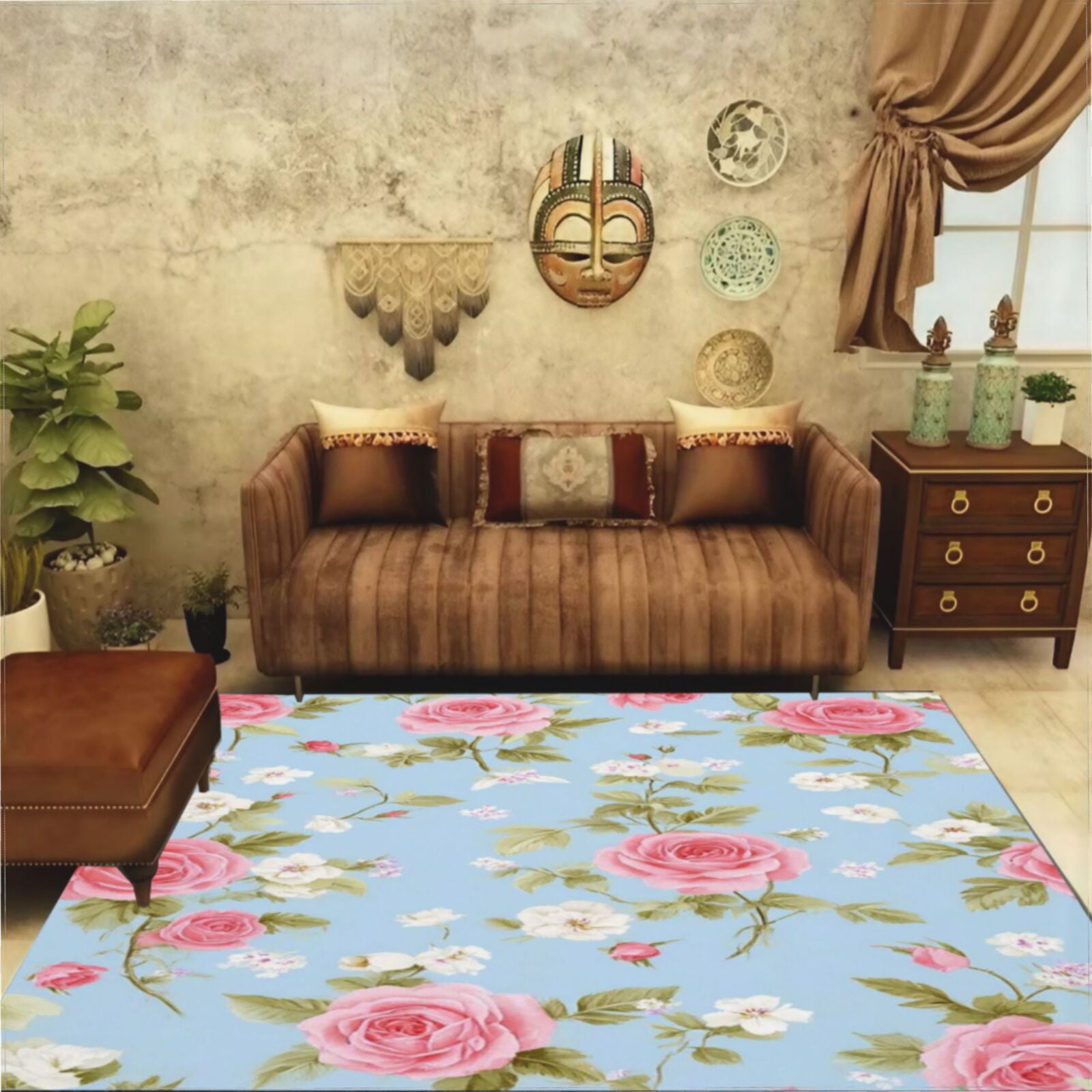 Pink Roses Blue Floral Pattern Light Luxury Retro Carpet Large Size ...