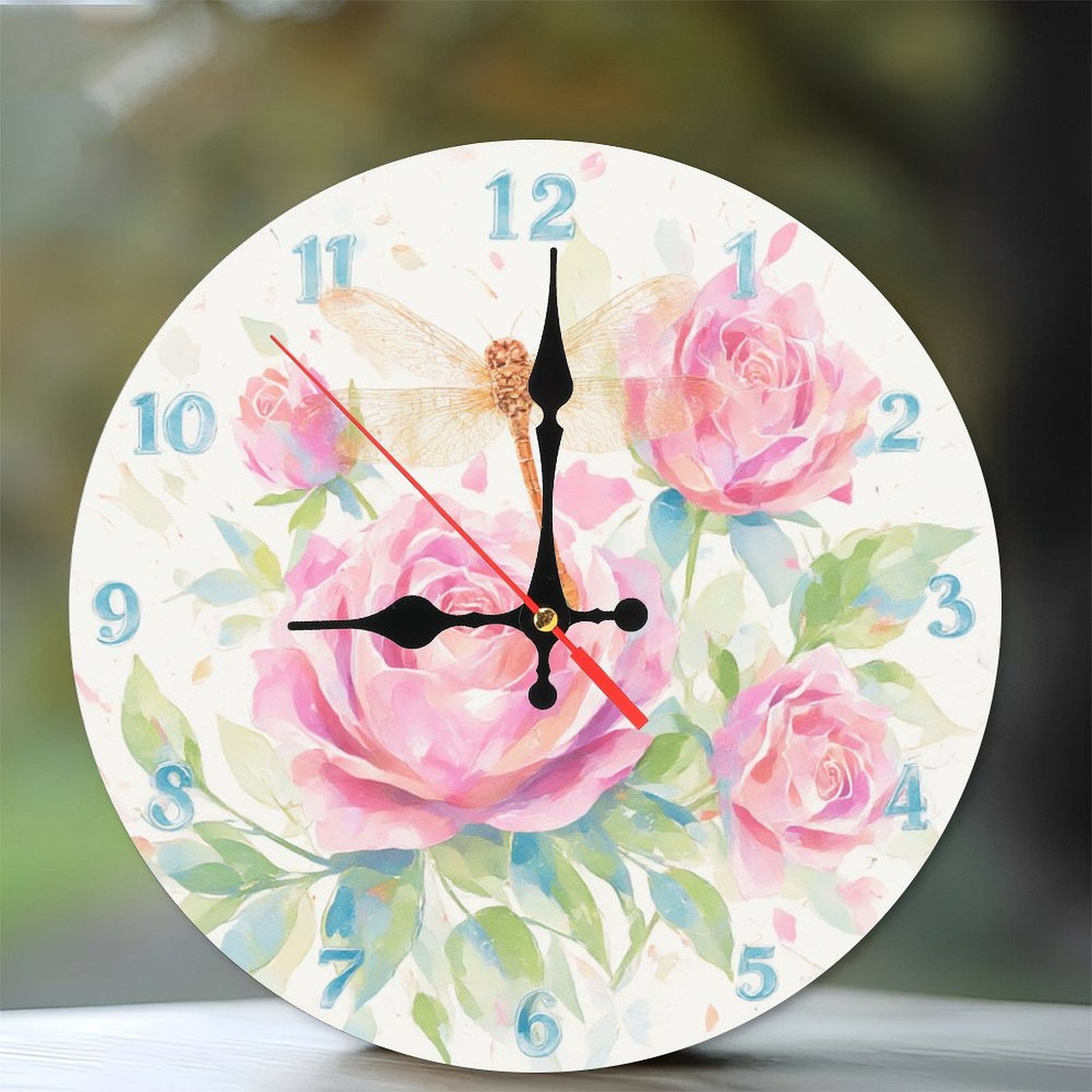 Pink Roses Dragonfly Watercolor Wall Clock 10-Inch Silent Wooden Wall ...