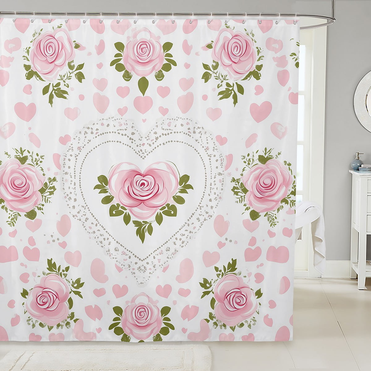 Pink Roses Fabric Shower Curtain,Romantic Flowers Love Hearts Shower ...