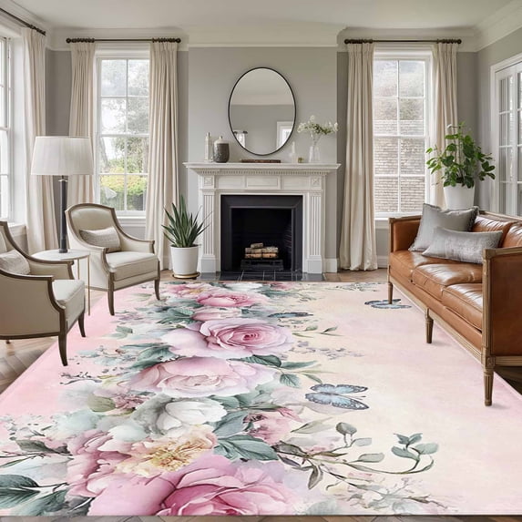 Pink Roses Floral 6'x9' Area Rug for Living Room, Vintage Romance ...