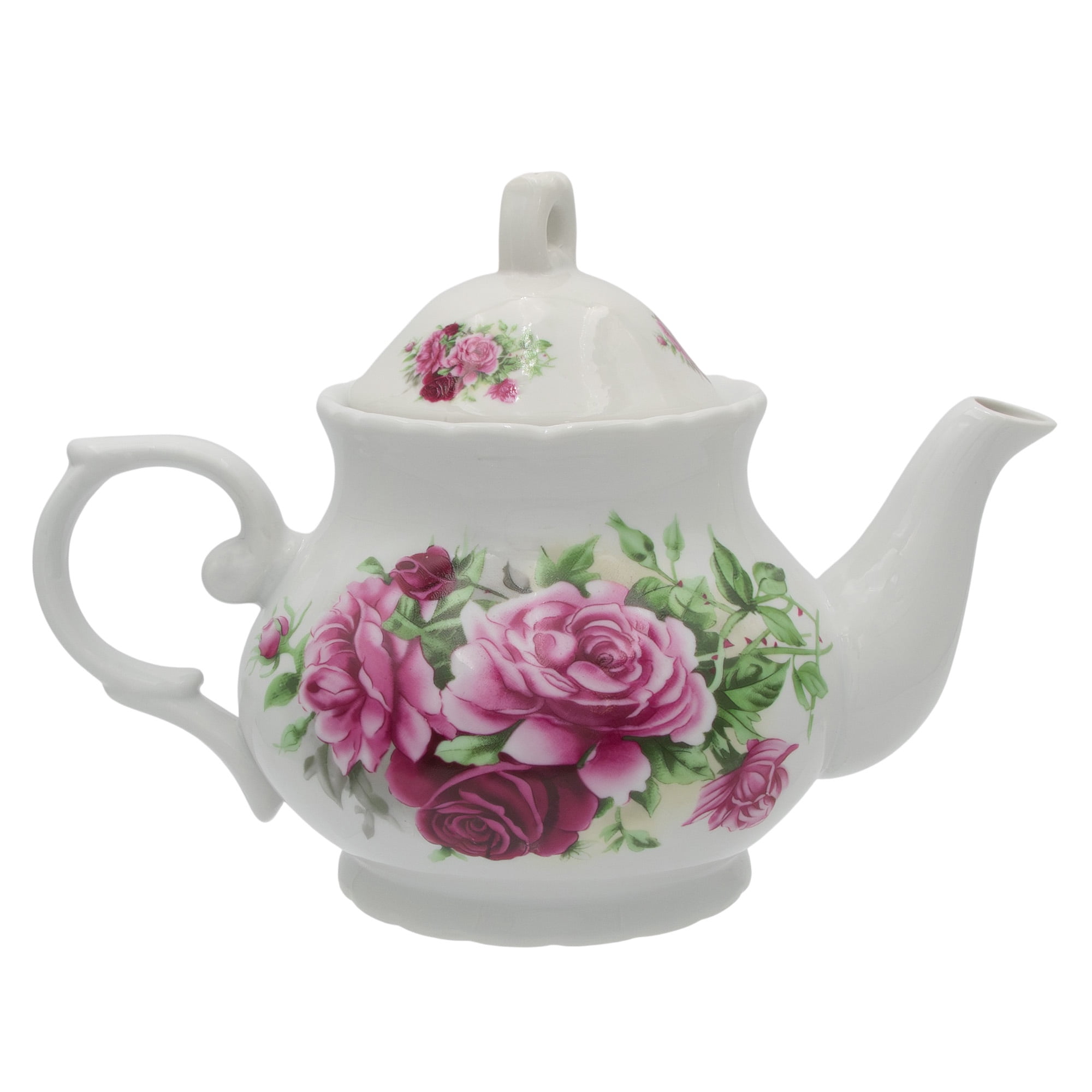 Pink Roses Floral Pattern White Ceramic Teapot 32oz - Walmart.com