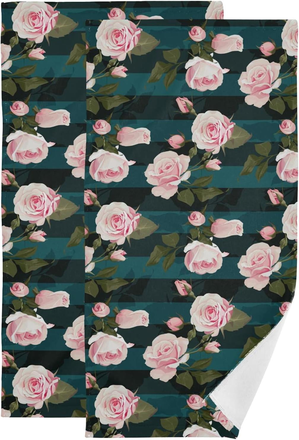 Pink Roses Flower Hand Towels 2 Pack, Black Deep Green Strips Kitchen ...