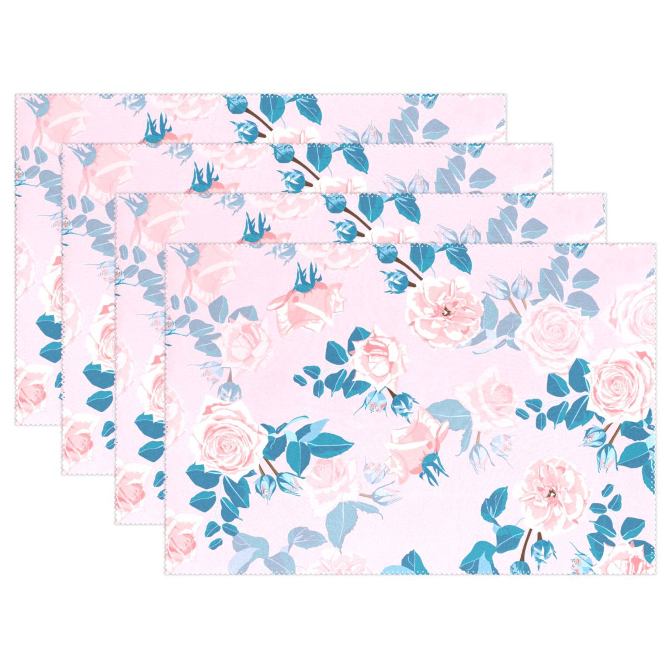 Pink Roses Flower with Blue 4 PCs Placemats Set Non-Slip Table Mats ...