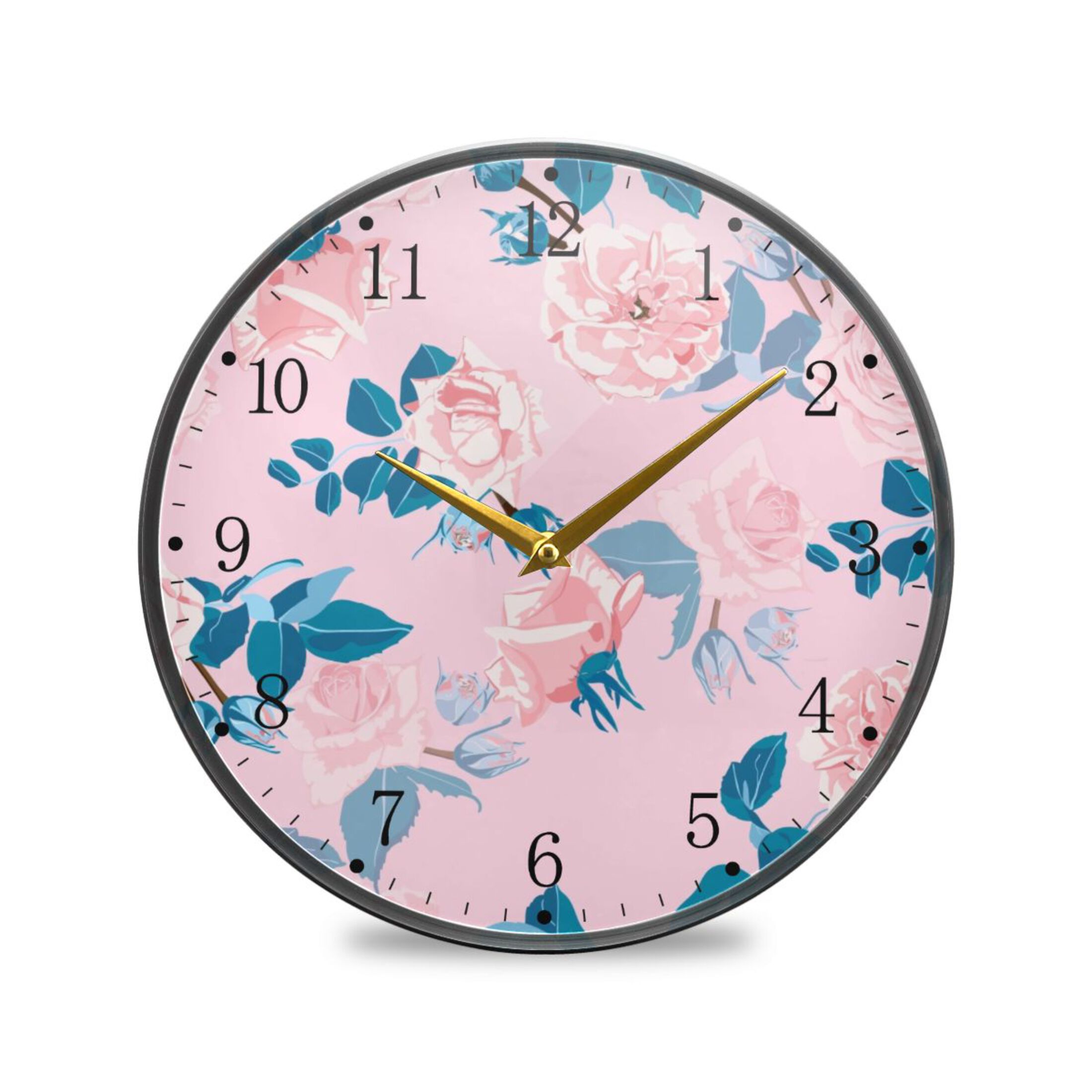 Pink Roses Flower with Blue Acrylic Wall Clocks Quiet Round Clock ...
