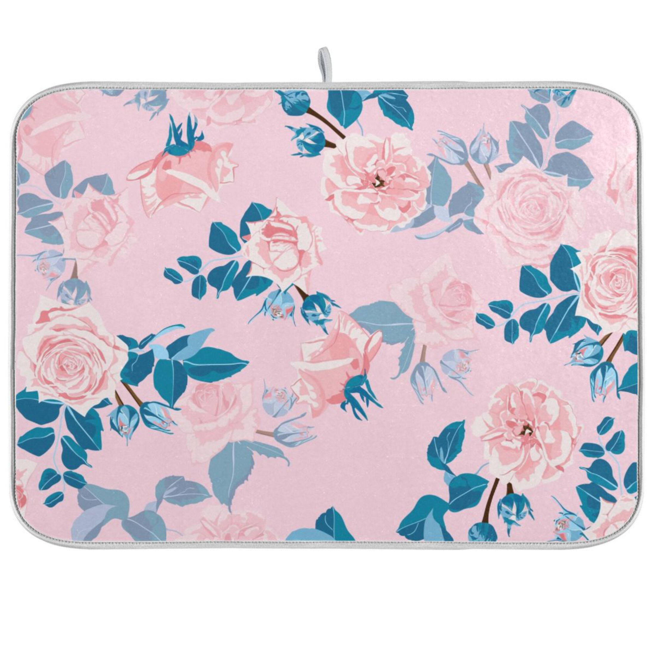 Pink Roses Flower with Blue Dish Drying Mat Microfiber Kitchen Mats ...