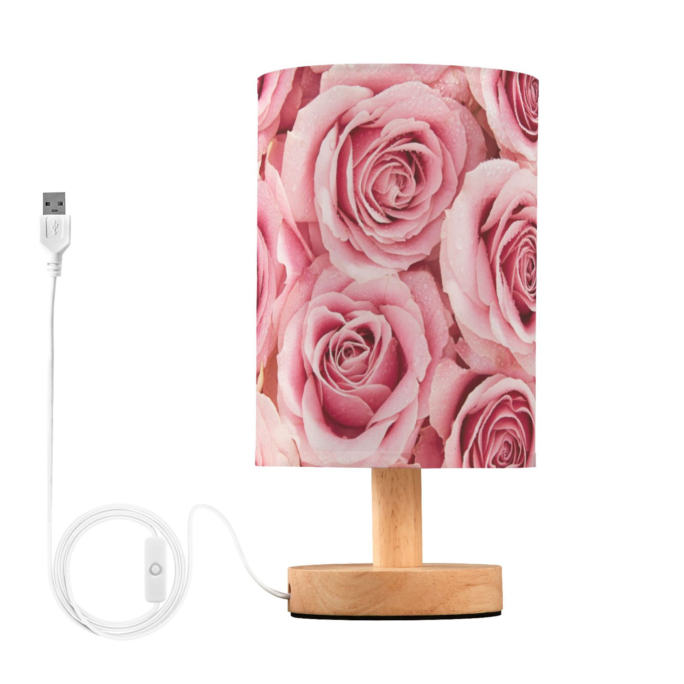 Pink Roses Flowers Bedside Table Lamp LED Warm Lights with USB Charging ...