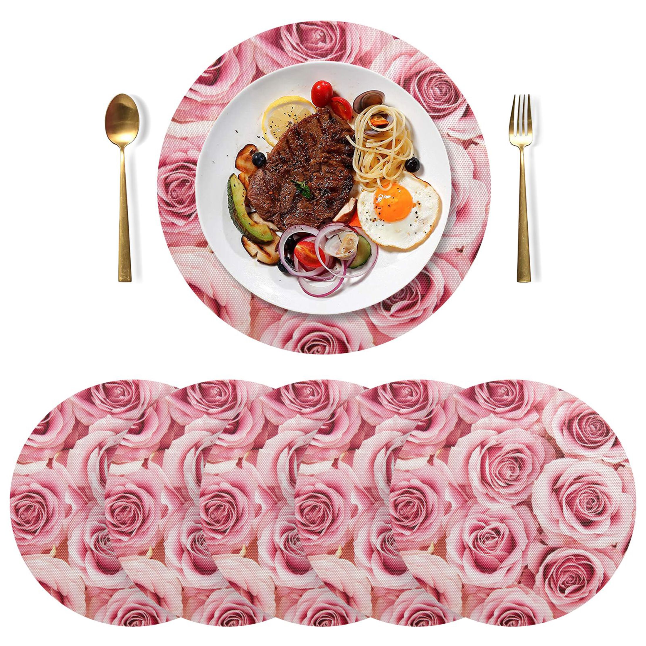 Pink Roses Flowers Round Plate Mats Non-Slip Place Mat Washable PVC ...