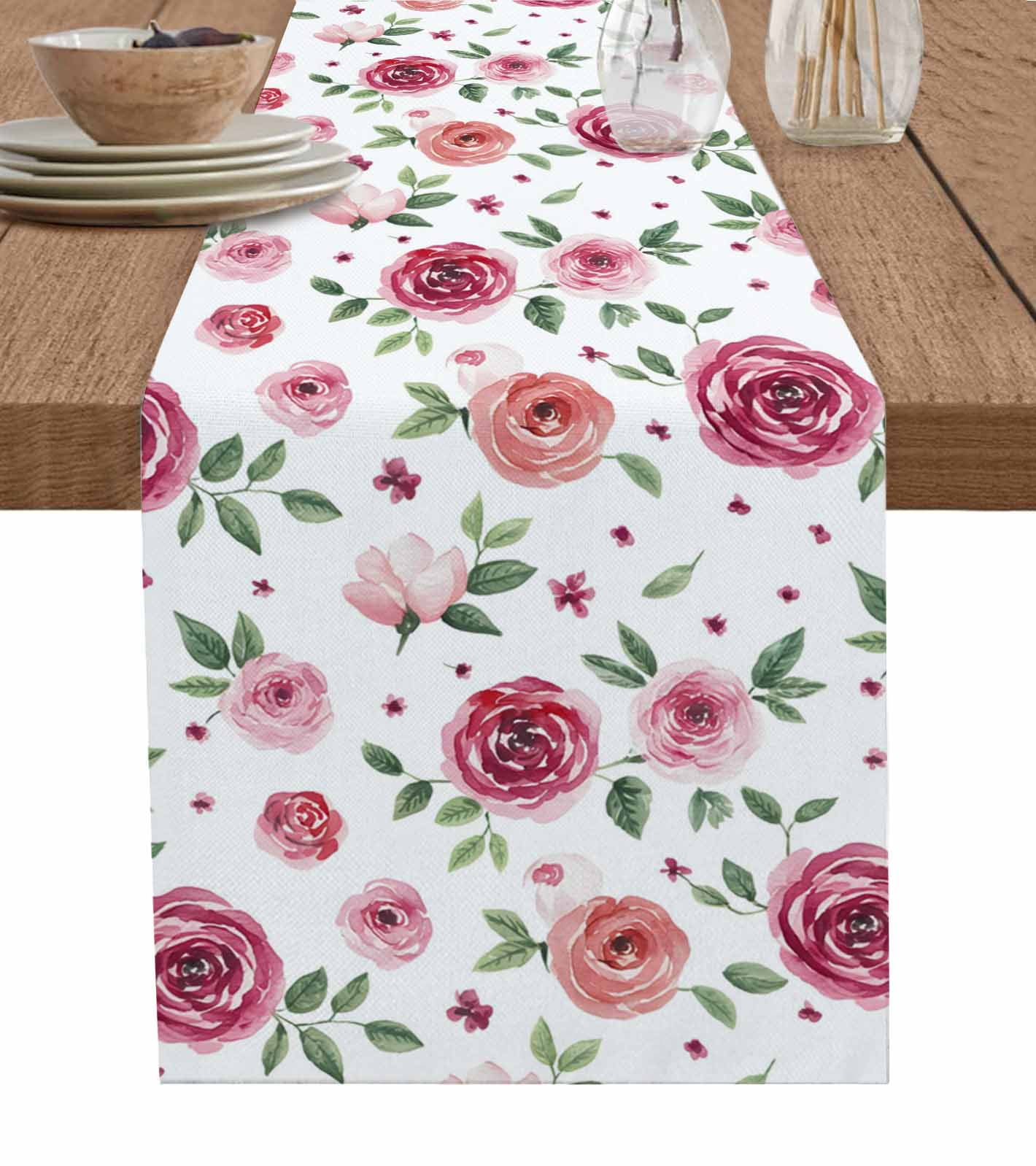 Pink Roses Flowers Table Runners 72 Inches Long, Cotton Linen Fabric ...