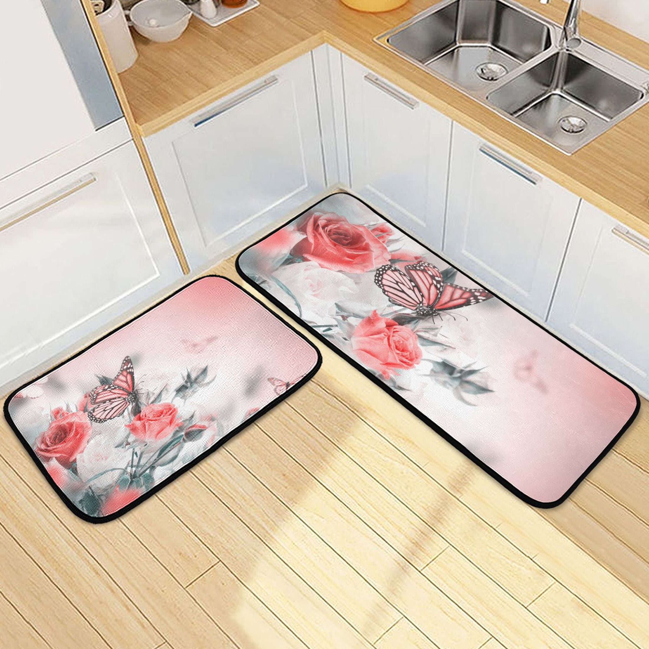 Pink Roses Flowers with Butterfly Kitchen Rugs Set of 2 Non Slip Floor ...