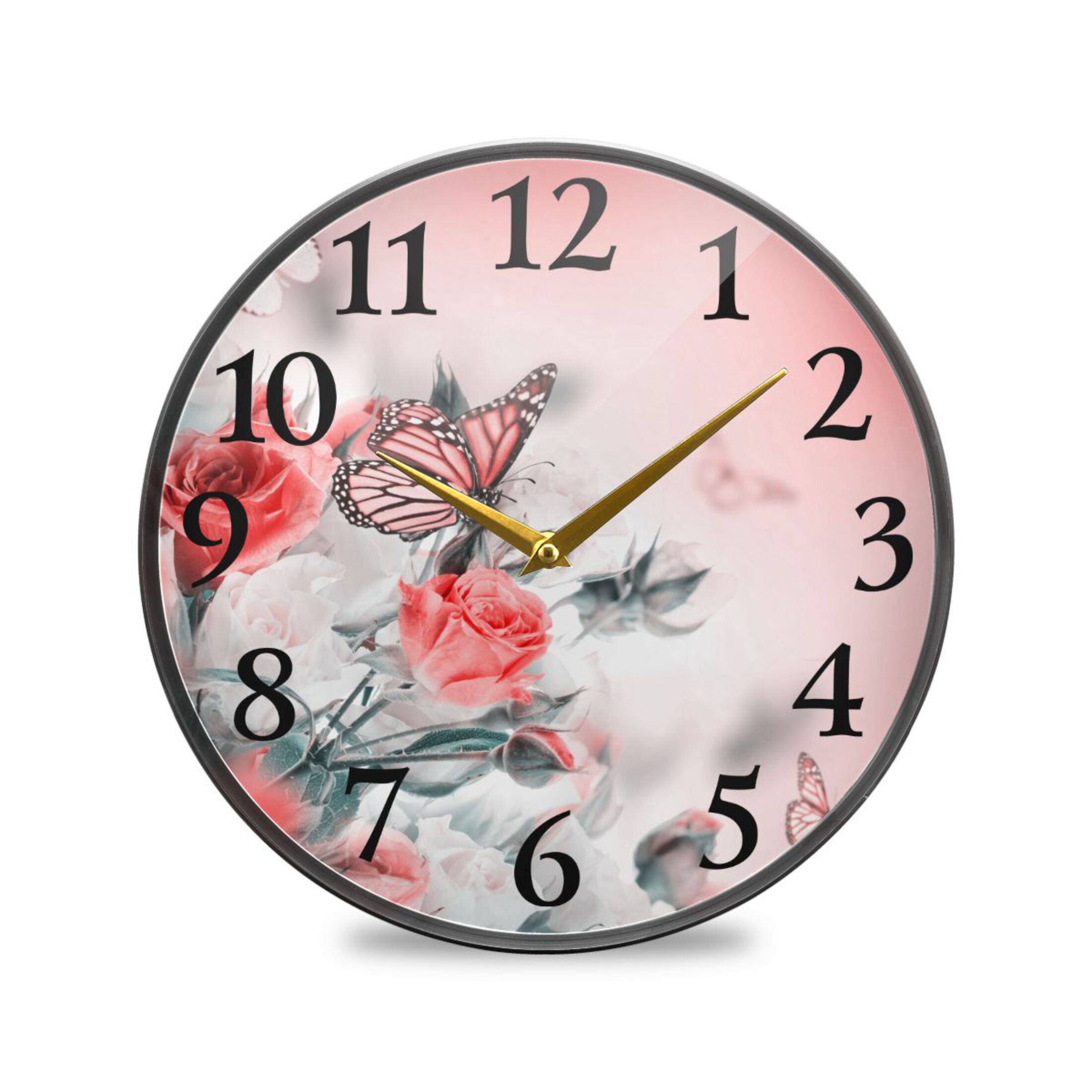 Pink Roses Flowers with Butterfly Wall Clocks Battery Operated 9.5 Inch ...