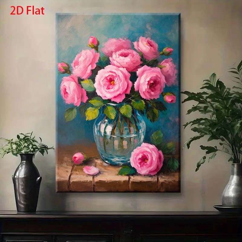 Pink Roses in Glass Vase Oil Painting on Wrapped Canvas - Turquoise ...